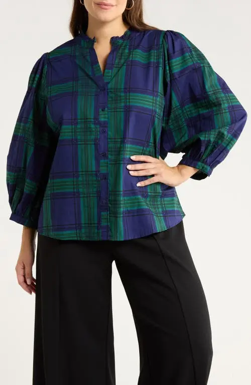 SUGARLIPS Plaid Cotton Button-up Shirt - Navy-green