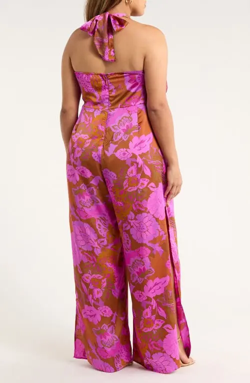 SUGARLIPS Floral Halter Jumpsuit - Rust-magenta