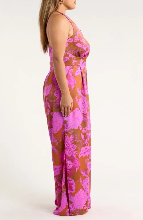SUGARLIPS Floral Halter Jumpsuit - Rust-magenta