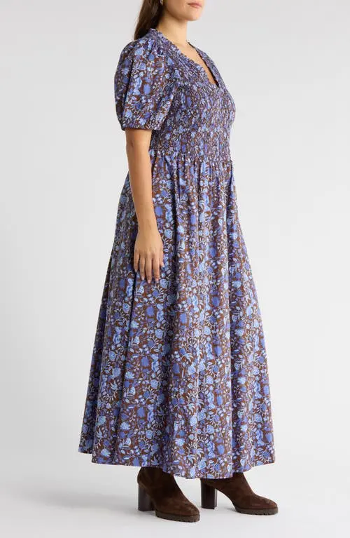 SUGARLIPS Floral Print Smocked Maxi Dress - Brown-blue