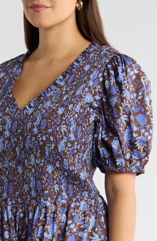 SUGARLIPS Floral Print Smocked Maxi Dress - Brown-blue