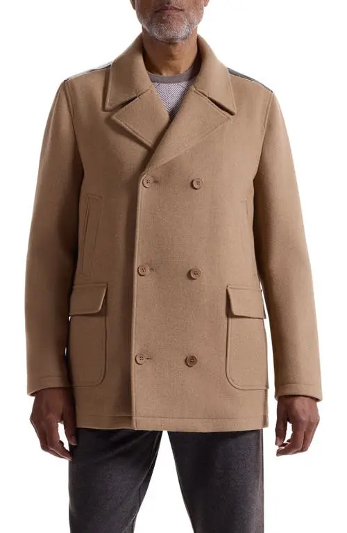 Bugatchi Leather Trim Wool Blend Tweed Peacoat - Camel