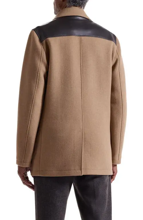 Bugatchi Leather Trim Wool Blend Tweed Peacoat - Camel