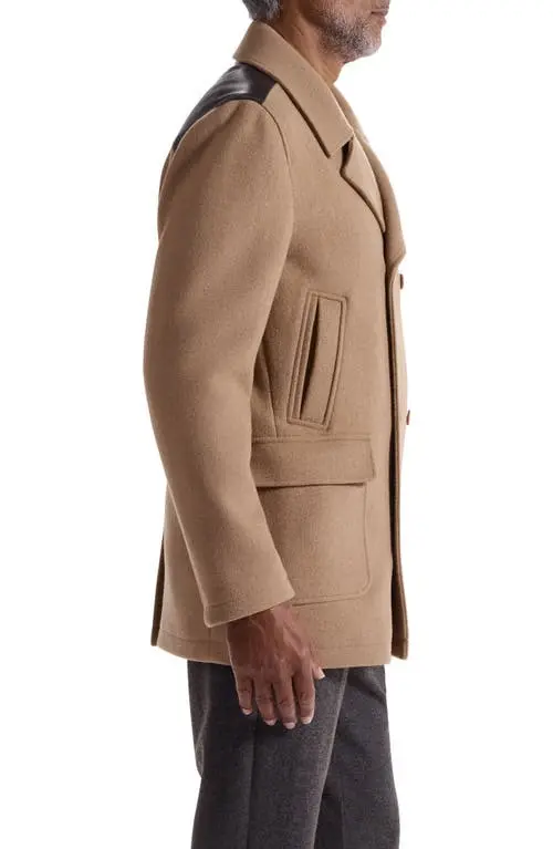 Bugatchi Leather Trim Wool Blend Tweed Peacoat - Camel