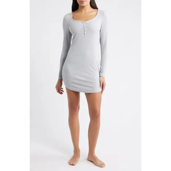 OPEN EDIT Daydream Rib Henley Sleepshirt - Grey Heather