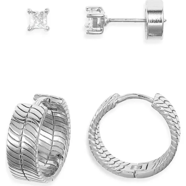 Nordstrom Herringbone Hoop And Cubic Zirconia Stud Set - Sterling Silver Plated