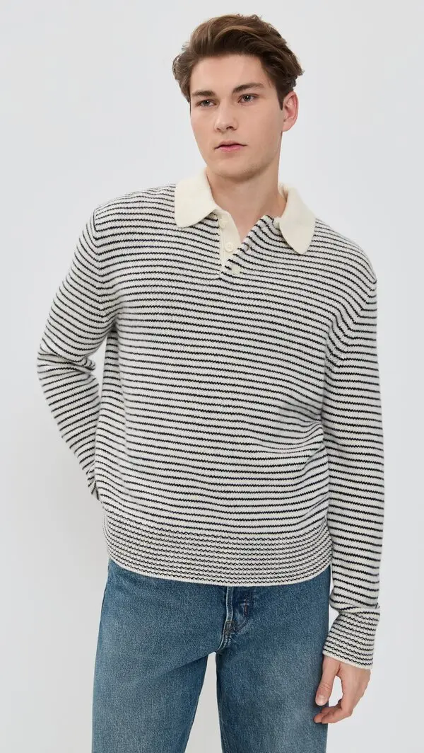 ALEX MILL Carl Striped Polo Sweater - Navy/ivory