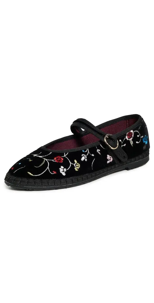 FLABELUS X Sea Nyc Floral Embroidered Velvet Mary Jane Flats - Priscilla