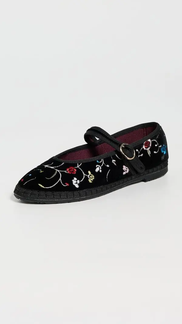 FLABELUS X Sea Nyc Floral Embroidered Velvet Mary Jane Flats - Priscilla