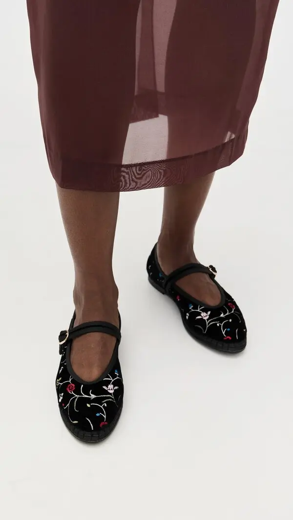 FLABELUS X Sea Nyc Floral Embroidered Velvet Mary Jane Flats - Priscilla