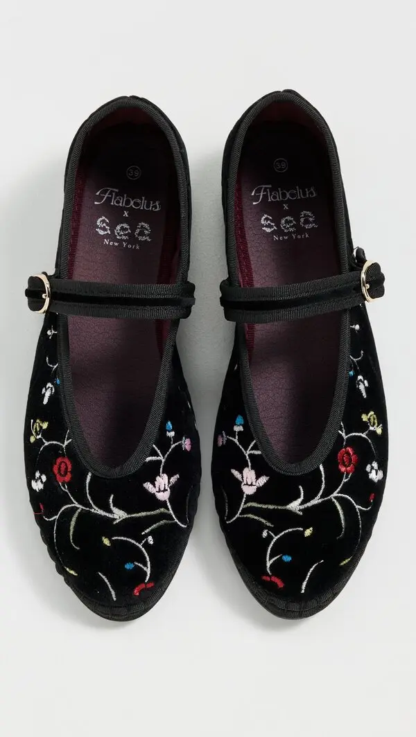 FLABELUS X Sea Nyc Floral Embroidered Velvet Mary Jane Flats - Priscilla