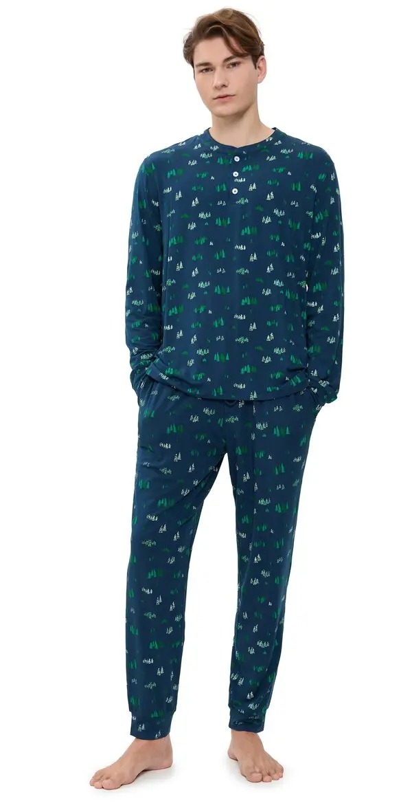 Eberjey Henry Printed Long Pajama Set - Forest Pine Navy