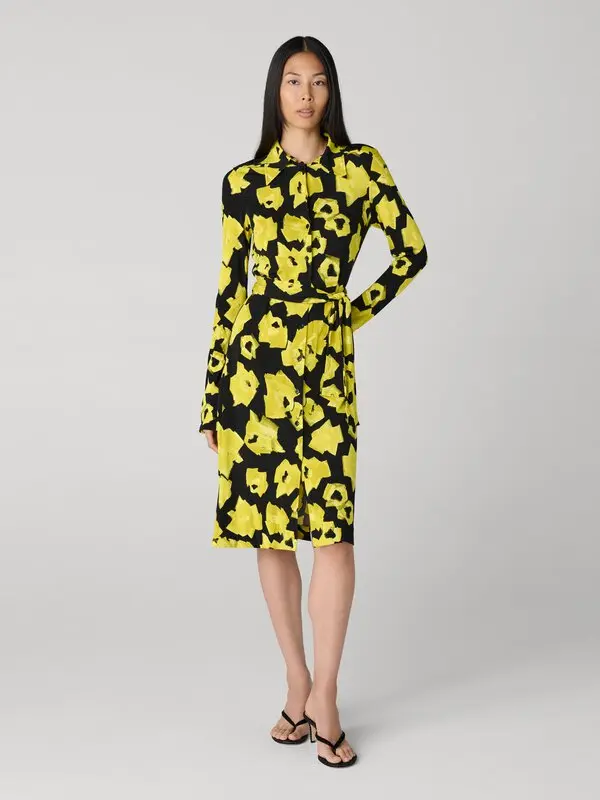 Diane Von Furstenberg Collared Long Sleeve Printed Shirt Dress - Laser Rose Absynth