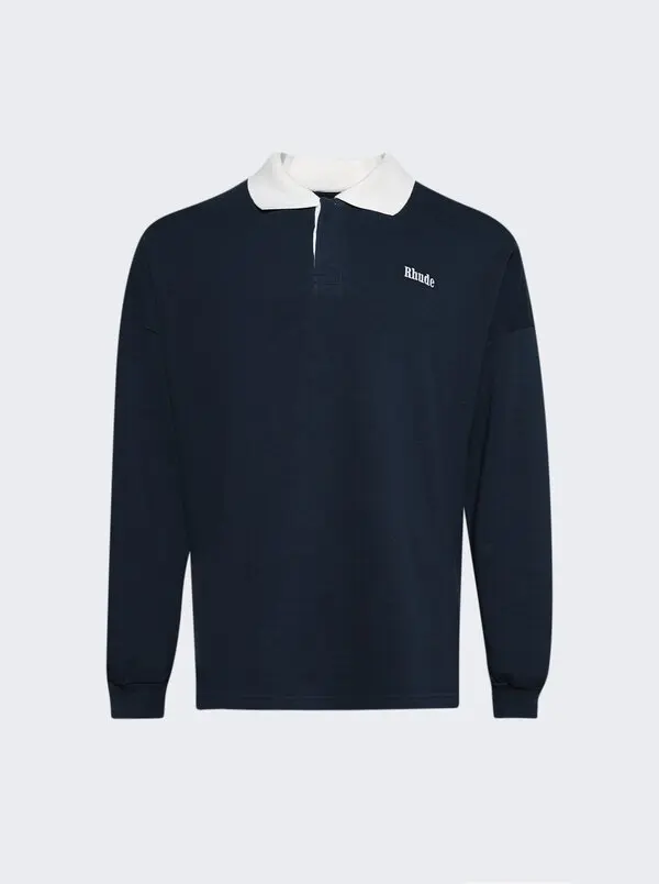 Rhude Long Sleeve Pique Polo Dark Navy And White