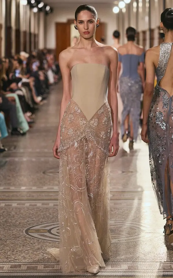 GEORGES HOBEIKA Corset Sheer Evening Gown - Nude