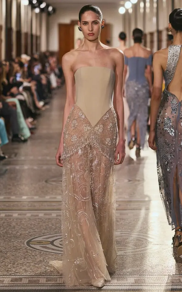 GEORGES HOBEIKA Corset Sheer Evening Gown