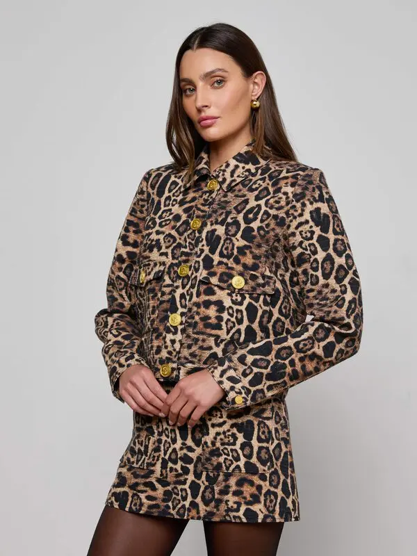 L'Agence Nyx Leopard Print Cropped Jacket - Brown Multi Patch Leopard