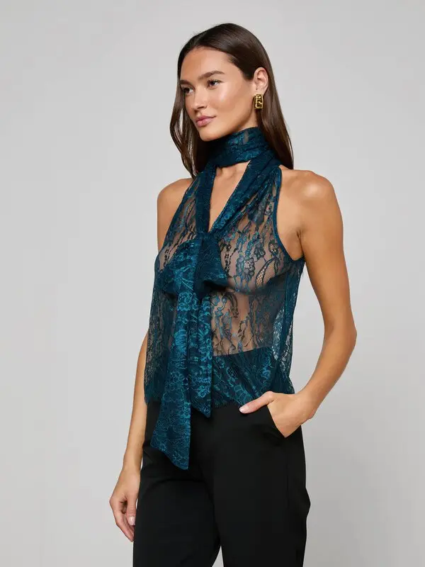 L'Agence Reece Lace Tie Neck Blouse Top - Deep Teal