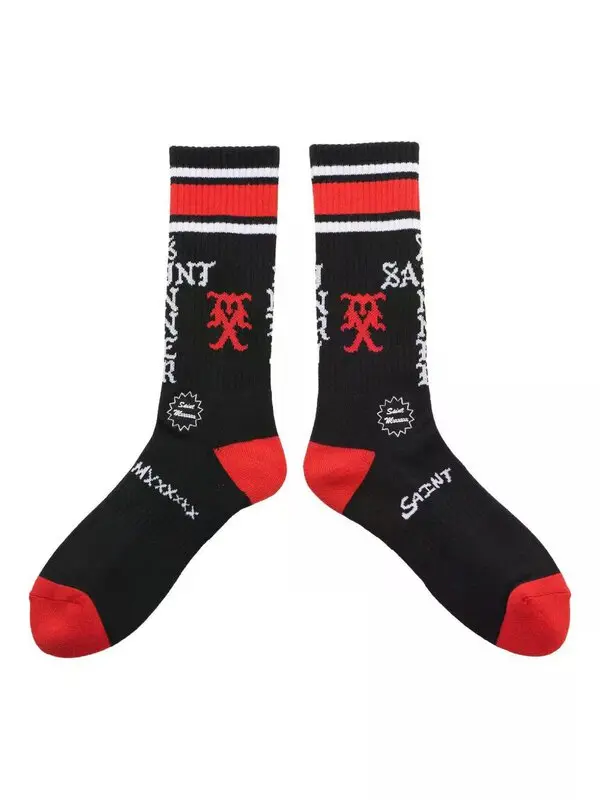 SAINT MXXXXXX Striped Crew Socks - Black