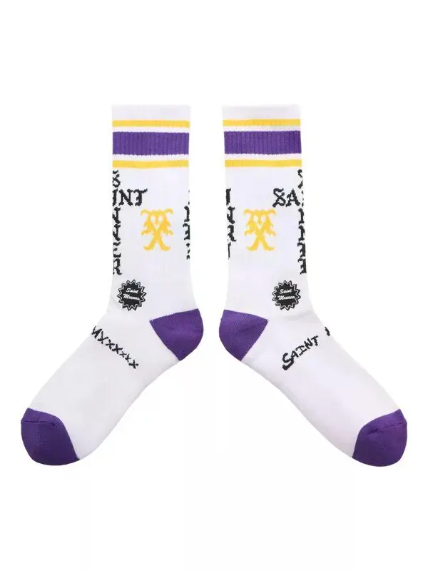 SAINT MXXXXXX Striped Logo Socks - White