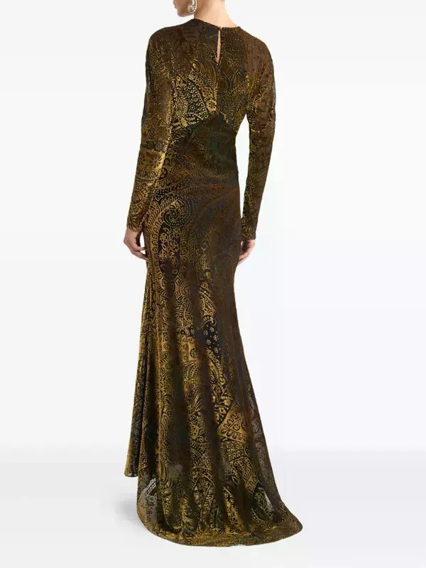 Etro Long Burnout Velvet Dress With Floral Paisley Motif