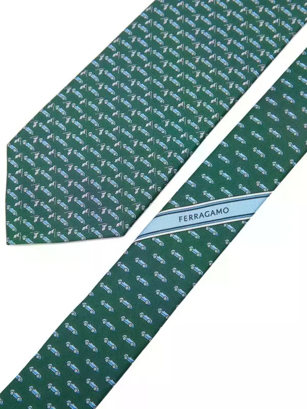 FERRAGAMO Silk Racing Print Neck Tie - Blue