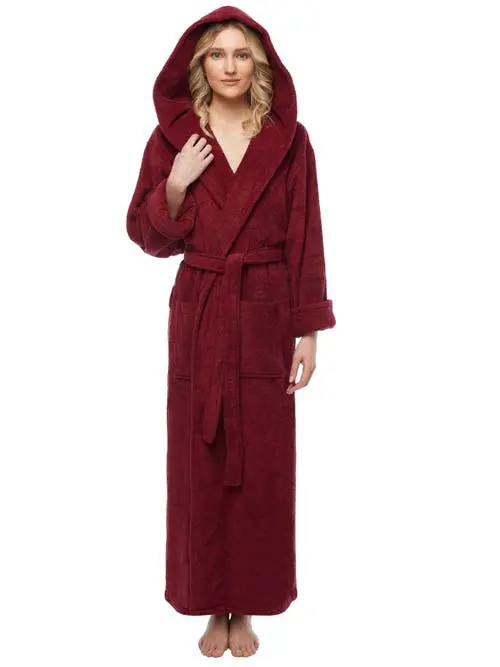 ARUS Gots Certified Oganic Cotton Long Hooded Robe - Claret