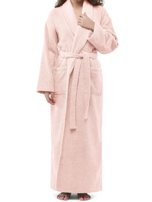 ARUS Classic Shawl Collar Ankle Length Terry Bathrobe - Pink