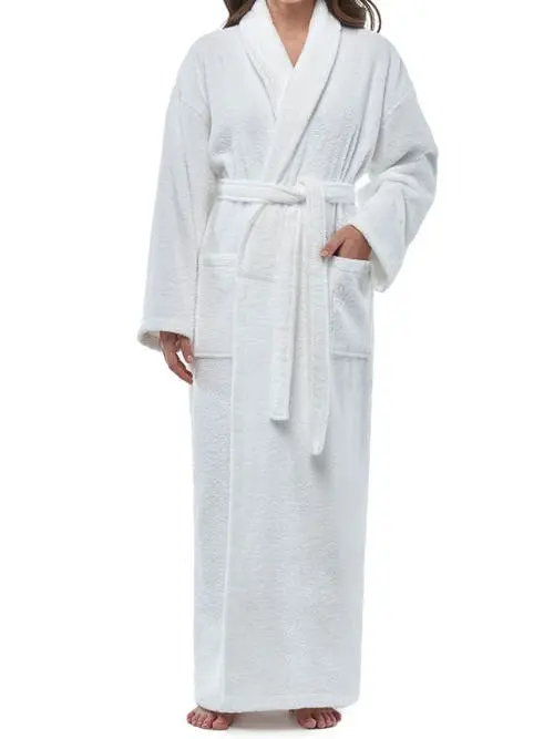 ARUS Classic Shawl Collar Ankle Length Terry Bathrobe - White