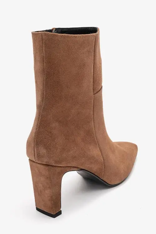 FOREVER & ALWAYS SHOES Kyoto Leather Block Heel Boot - Cognac Suede Leather
