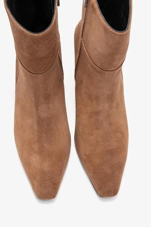 FOREVER & ALWAYS SHOES Kyoto Leather Block Heel Boot - Cognac Suede Leather