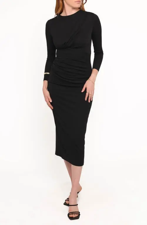 PETAL & PUP Ruched Long Sleeve Midi Dress - Black