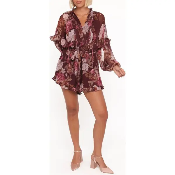 PETAL & PUP Floral Print Ruffle Chiffon Romper - Brandy Bloom