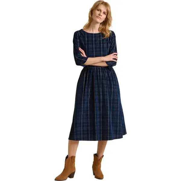 BRAKEBURN Lilliput 3/4 Sleeve Boat Neck Midi Dress - Blue