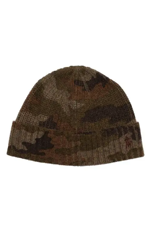 Ralph Lauren Camo Ribbed Wool Blend Beanie - Olive Camo