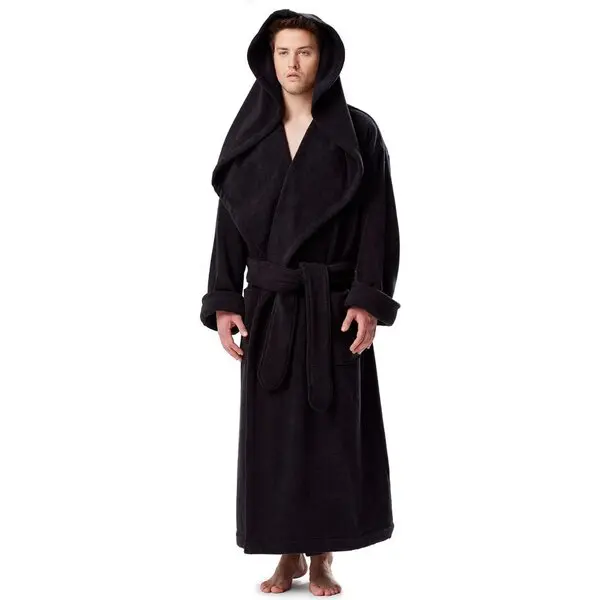 ARUS Monk Style Full Length Long Terry Cotton Bathrobe - Black