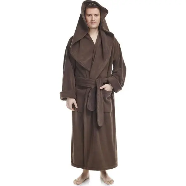ARUS Monk Style Full Length Long Terry Cotton Bathrobe - Brown