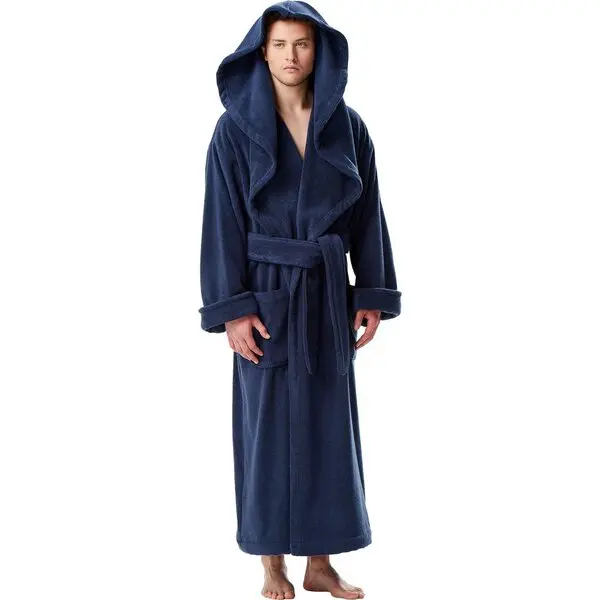 ARUS Monk Style Full Length Long Terry Cotton Bathrobe - Navy