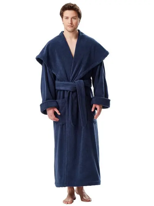 ARUS Monk Style Full Length Long Terry Cotton Bathrobe - Navy
