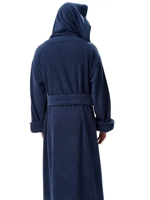 ARUS Monk Style Full Length Long Terry Cotton Bathrobe - Navy