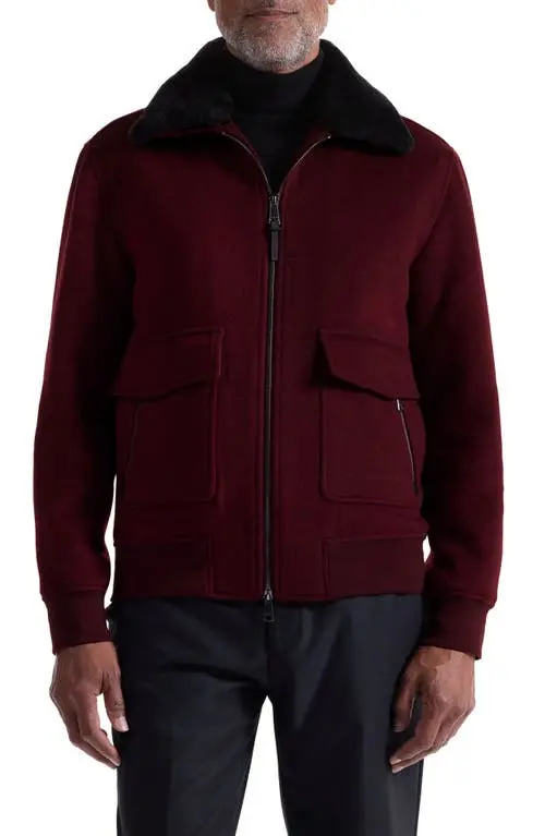 Bugatchi Wool-blend Bomber Jacket With Detachable Shearling Collar - Burgundy