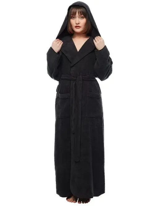 ARUS Aura Ankle Length Long Cotton Robe With Hood - Black