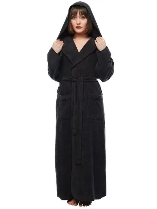 ARUS Aura Ankle Length Long Cotton Robe With Hood - Black