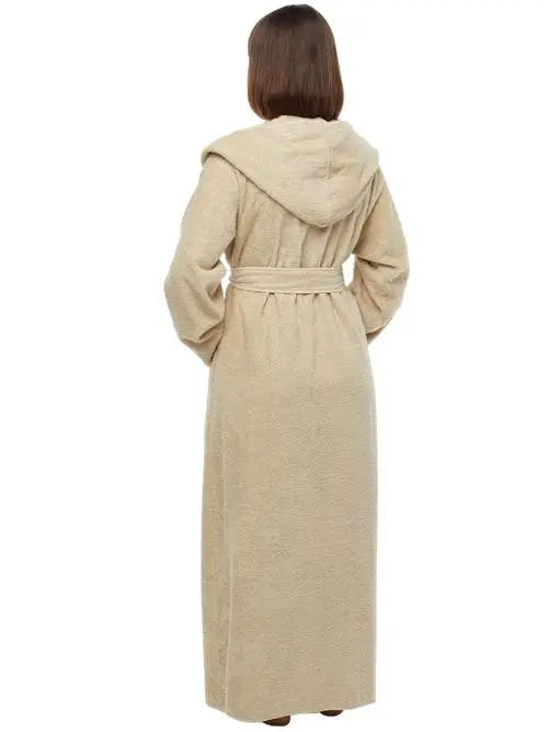 ARUS Aura Ankle Length Long Cotton Robe With Hood - Latte