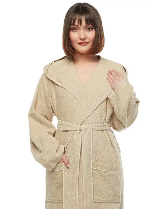 ARUS Aura Ankle Length Long Cotton Robe With Hood - Latte