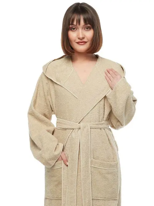 ARUS Aura Ankle Length Long Cotton Robe With Hood - Latte