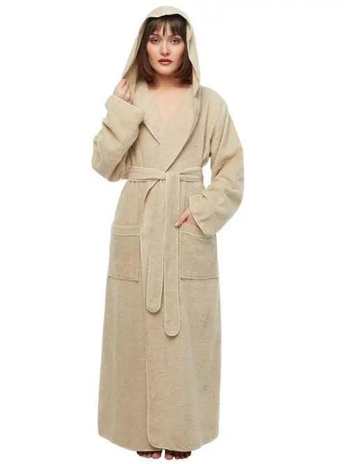 ARUS Aura Ankle Length Long Cotton Robe With Hood - Latte