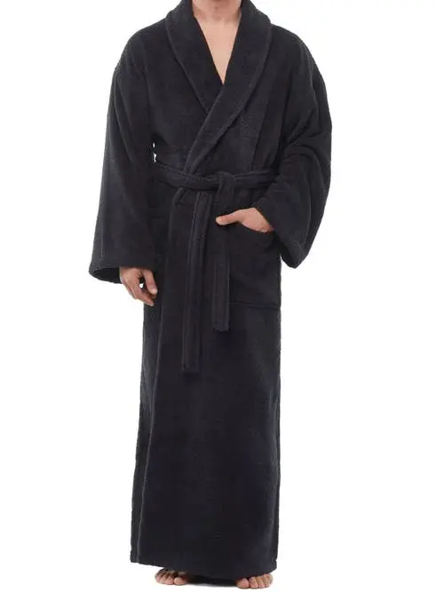 ARUS Classic Shawl Collar Ankle Length Terry Bathrobe - Black