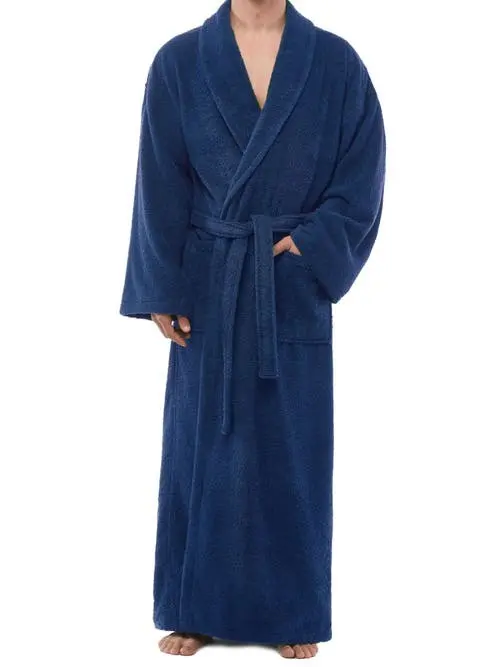 ARUS Classic Shawl Collar Ankle Length Terry Bathrobe - Navy