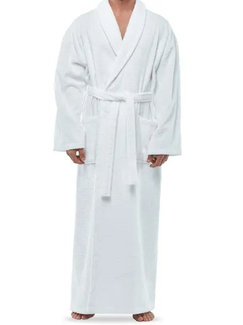 ARUS Classic Shawl Collar Ankle Length Terry Bathrobe - White